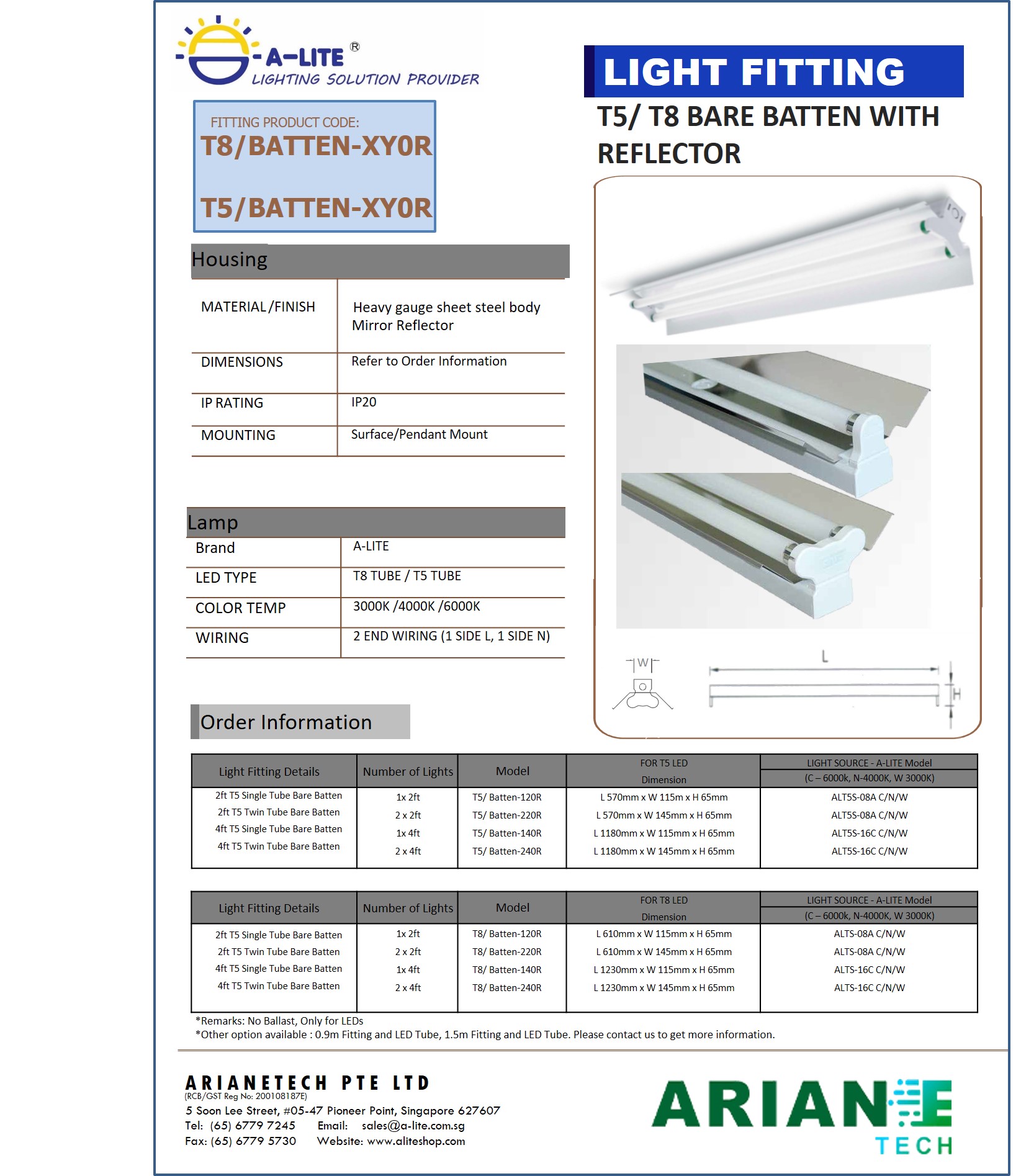 BARE BATTEN WITH REFLECTOR FOR LED T8 TUBE